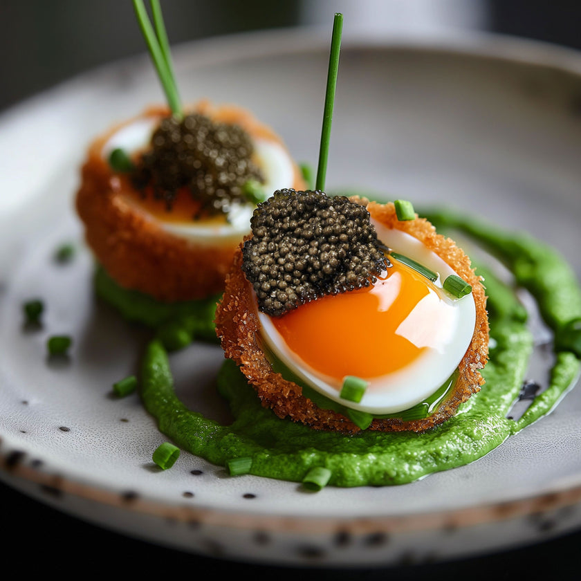 Wachtelei gebacken auf Bärlauchpüree mit Kaviartoping – eichinger caviar